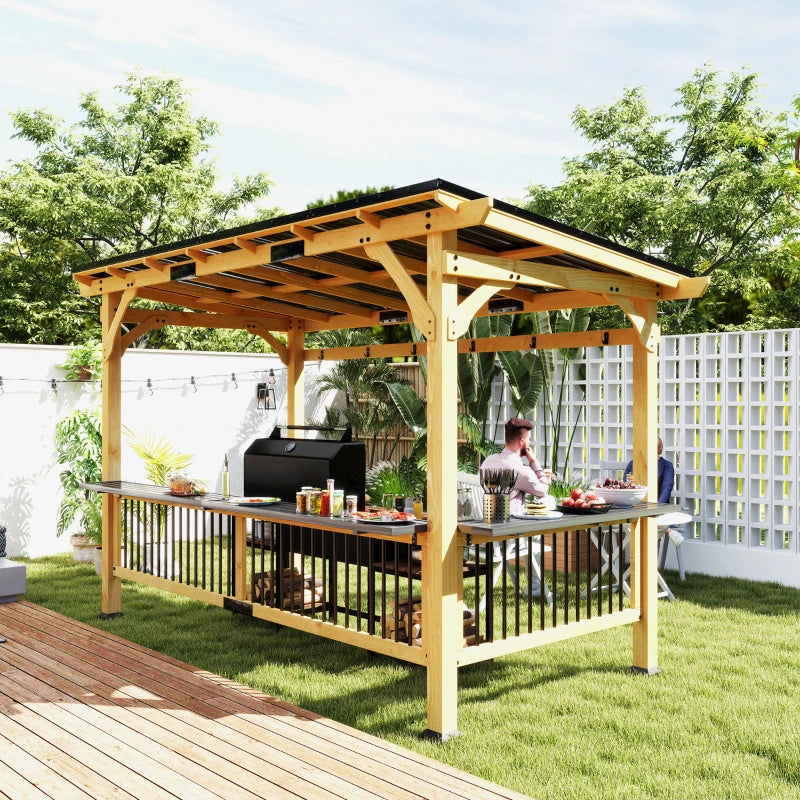 Outsunny 13' x 6' Wooden BBQ Grill Gazebo – Metal Roof – Terrace and Flame